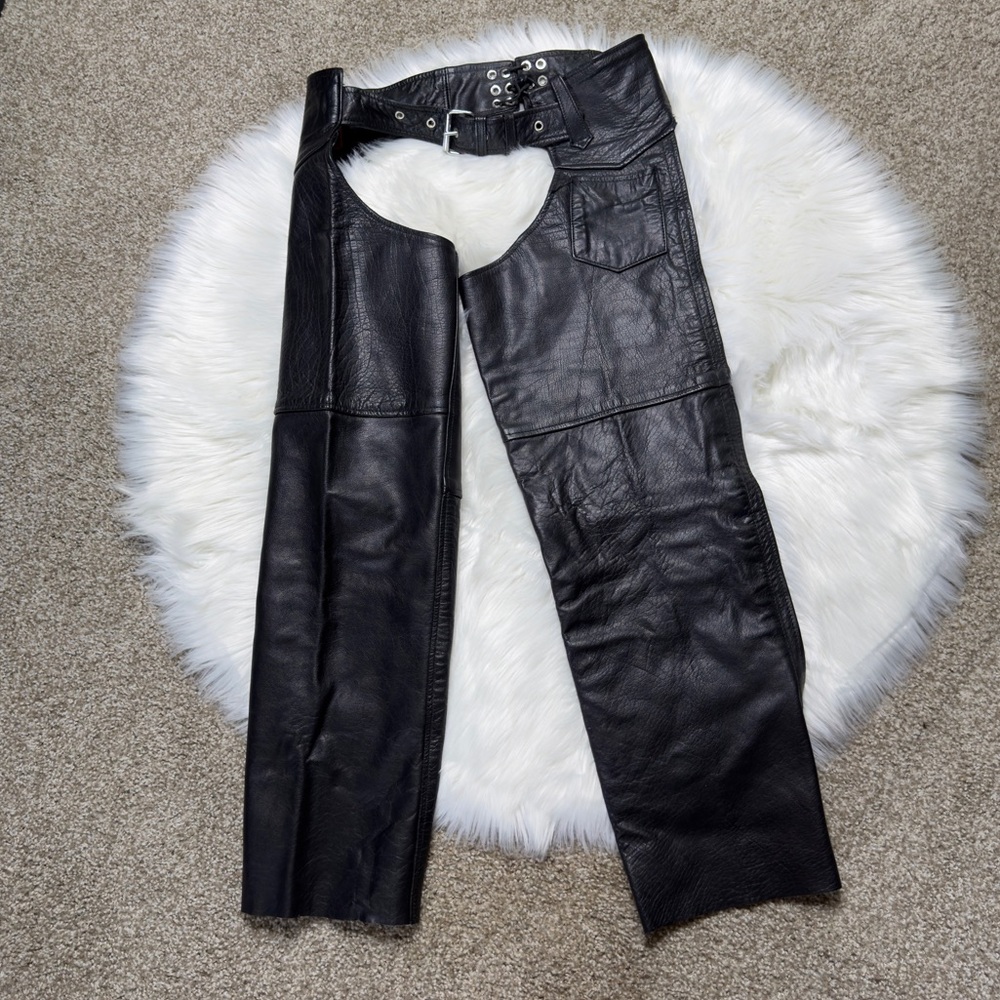Interstate Leather Black Leather Motorcycle Chaps - Gem